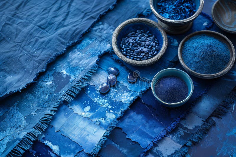 Indigo and Cobalt Dyeing Materials on Textured Fabric, Suitable for Art ...