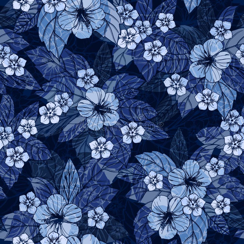 Indigo Floral Seamless Pattern with Hibiscus Flowers. Stock Vector ...