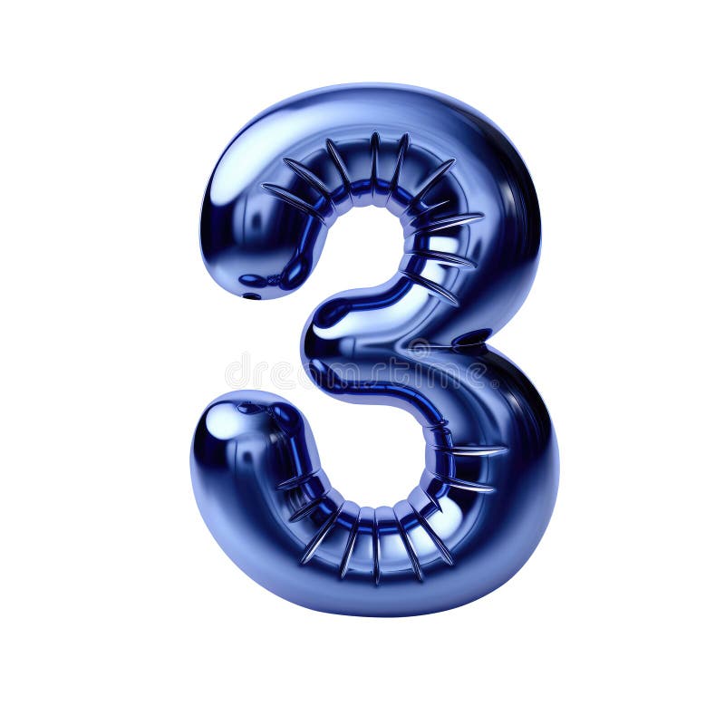 Indigo Metallic Number 3 Balloon Realistic 3D on White Background Stock ...