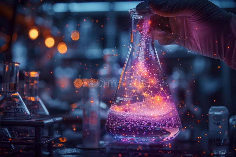 Pouring Purple Liquid into Glass Beaker during Scientific Experiment ...