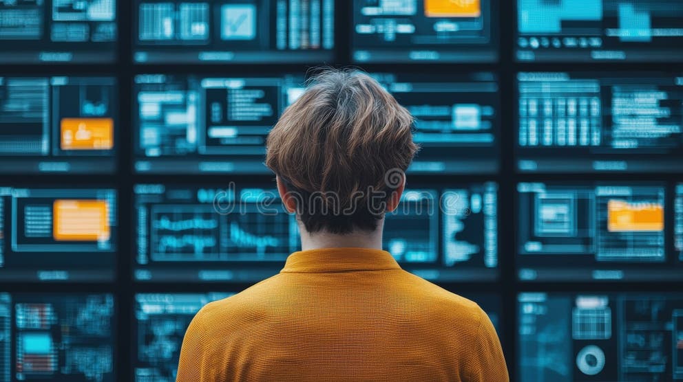 Individual Analyzing Data on Screens in Modern Office Environment ...