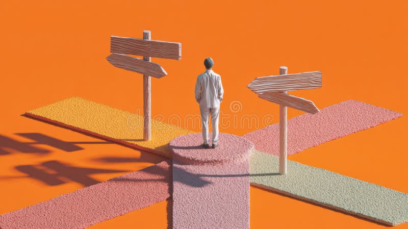 Individual at Career Path Intersection Surrounded by Directional Signs ...