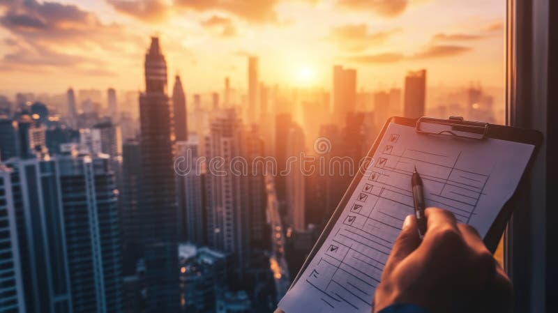 Individual Completing Tasks on a Digital To Do List with a City Skyline ...