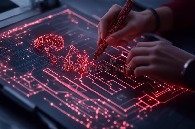 Individual Drawing Intricate Designs on Digital Interface with Glowing ...