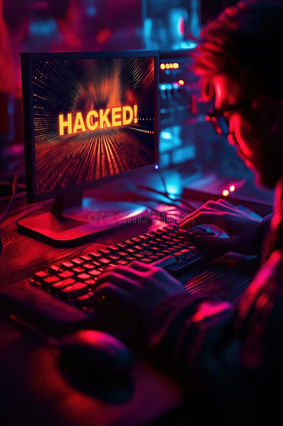 Individual Engaged in Hacking Activity Illuminated by Computer Screen ...