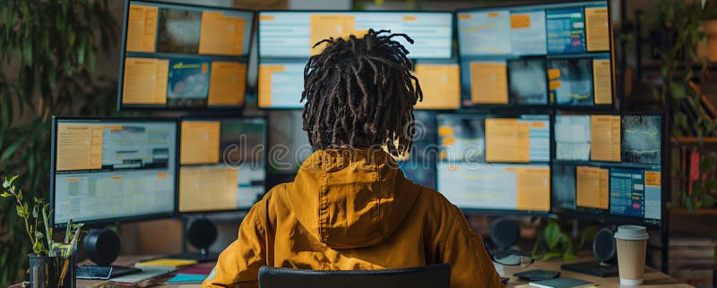 Person Working with Multiple Monitor Setup Stock Image - Image of mouse ...