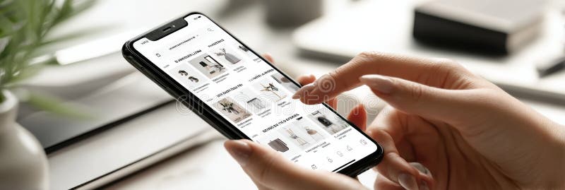 User Browsing an Online Shopping Platform on a Smartphone with a Clean and Minimal Layout in a ...