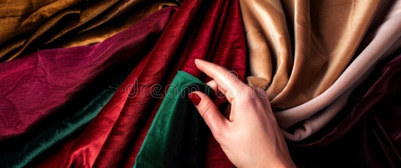 Individual Examines an Array of Fabric Samples, Highlighting Rich ...
