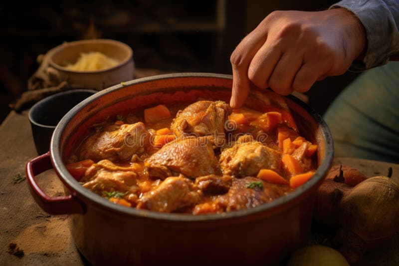 Individual Examining a Cooked Chicken Thigh in a Stew Stock Photo ...