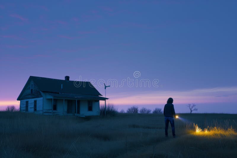 Individual with a Flashlight Approaching a Lone House at Dusk Stock ...