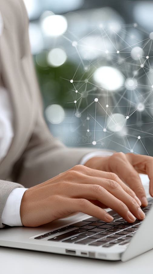 Individual Focused on Typing at a Laptop Surrounded by Dynamic Digital ...