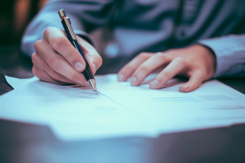 Individual is Focused on Writing on Sheets of Paper on a Table in Low ...