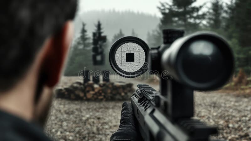 Marksman Aiming a Sniper Rifle at a Distant Target in the Woods Stock ...