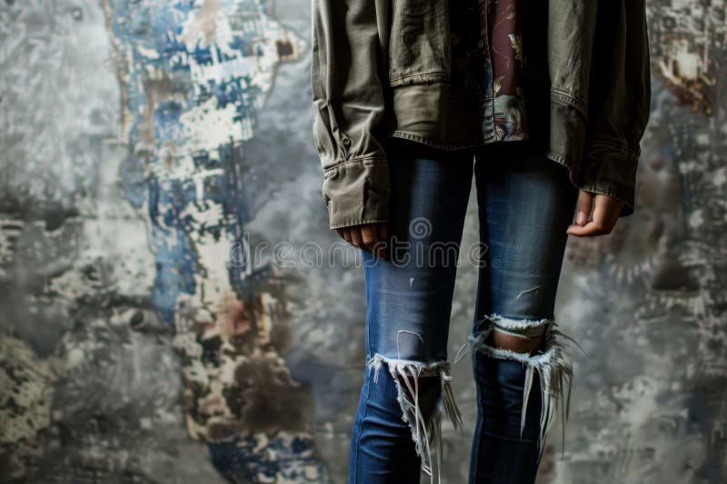 Individual with Frayed Denim Cuffs, Textured Backdrop Stock Image ...