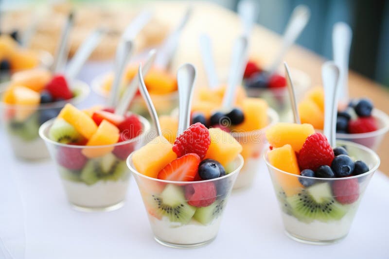 Individual Fruit Salad Cups with Forks at a Party Stock Photo - Image ...