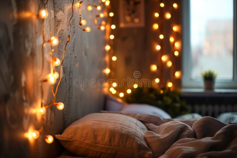 Individual Hanging String Lights on a Bedroom Wall Stock Image - Image ...