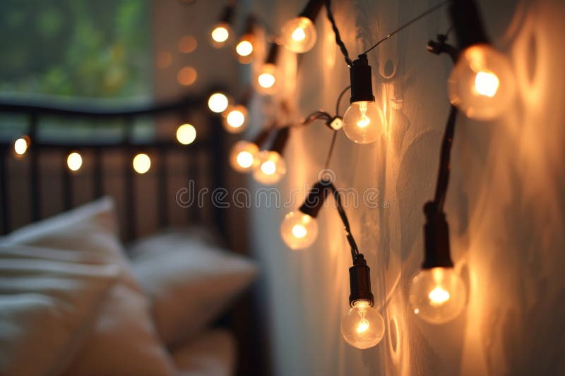Individual Hanging String Lights on a Bedroom Wall Stock Image - Image ...