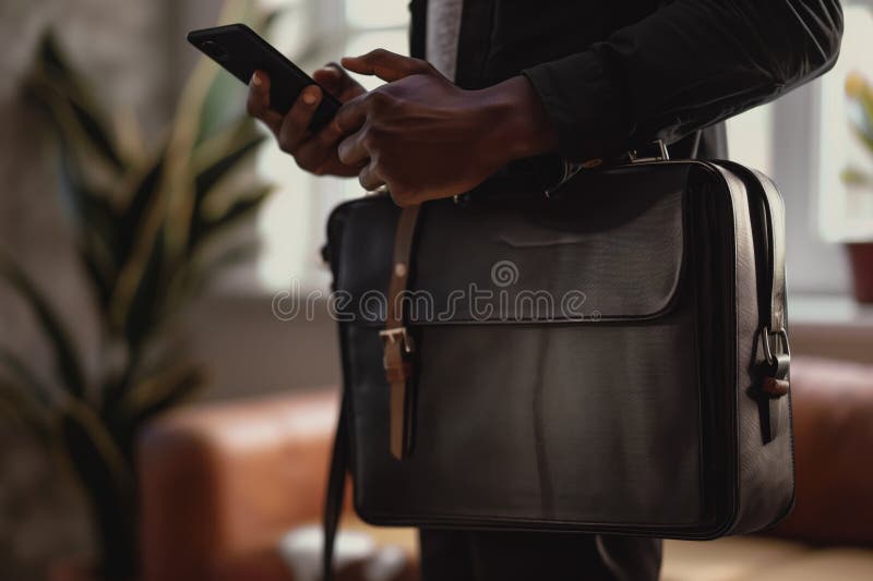Individual Holding a Briefcase while Using a Smartphone Stock ...