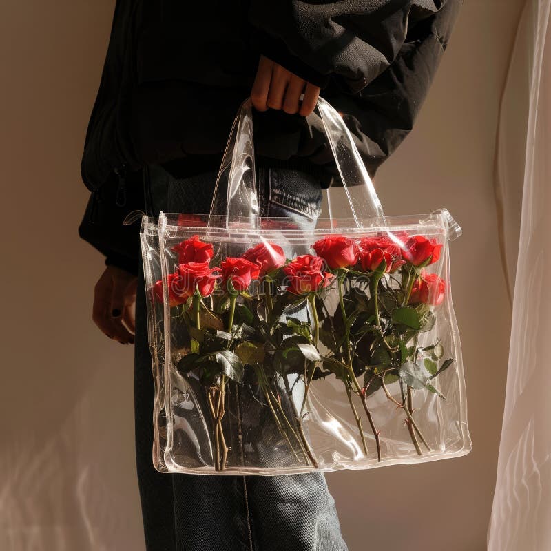 Individual Holding a Clear Bag Containing Fresh Red Roses Stock ...