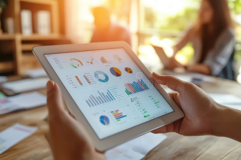 An Individual is Holding a Tablet Device that Displays a Graph on it ...