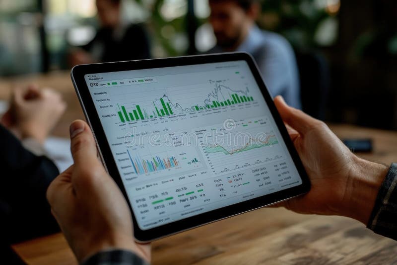 An Individual is Holding a Tablet Device that Displays a Graph on it ...