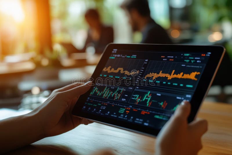 An Individual is Holding a Tablet Device that Displays a Graph on it ...