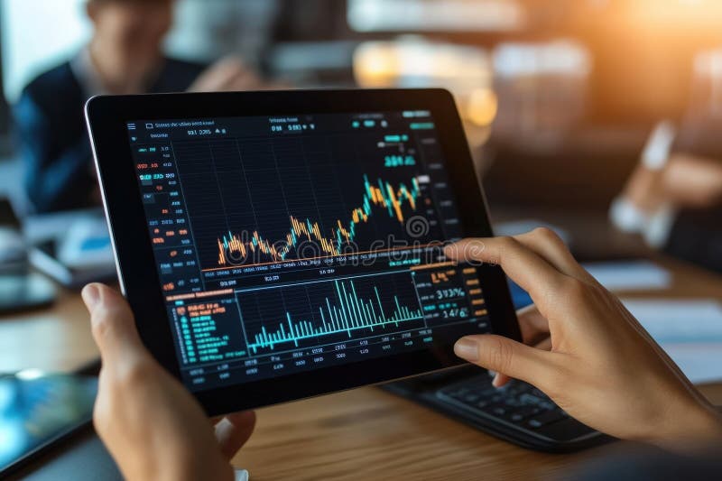 An Individual is Holding a Tablet Device that Displays a Graph on it ...
