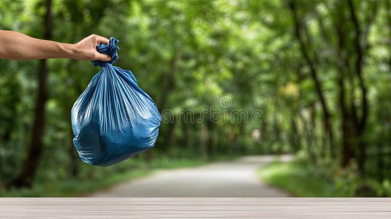 Individual Holds Blue Garbage Bag Peaceful Path Surrounded Lush ...