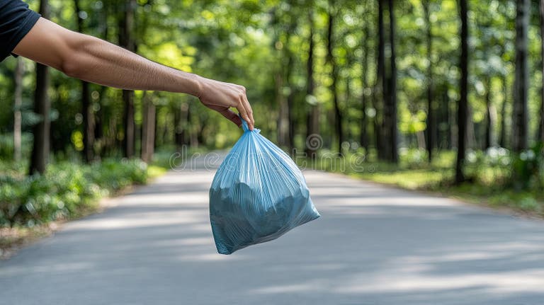 Individual Holds a Blue Garbage Bag on a Peaceful Path Surrounded by ...