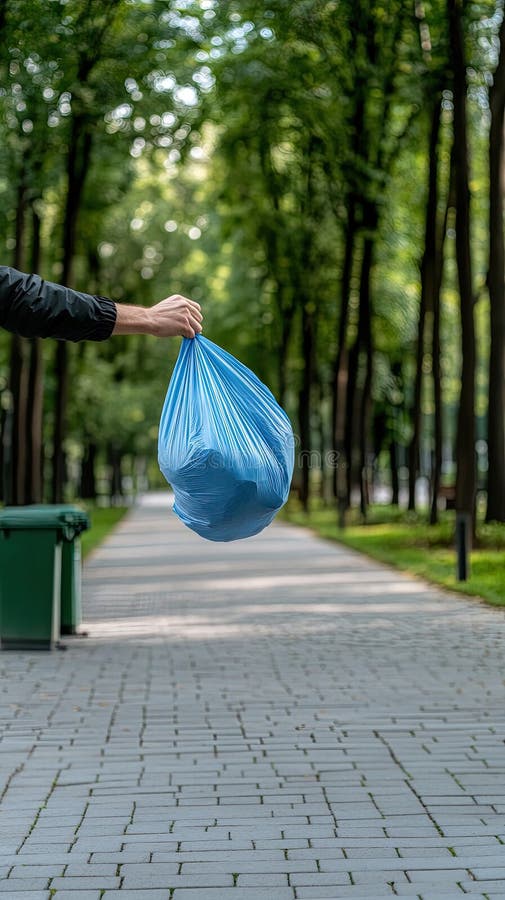 Individual Holds a Blue Garbage Bag on a Peaceful Path Surrounded by ...