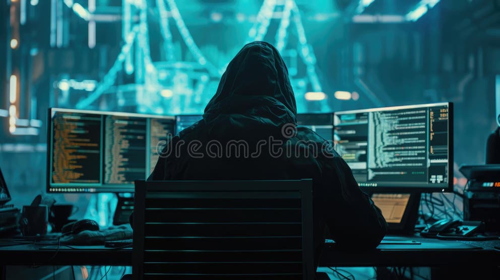 Individual in a Hoodie Sitting in Front of Multiple Computer Monitors ...