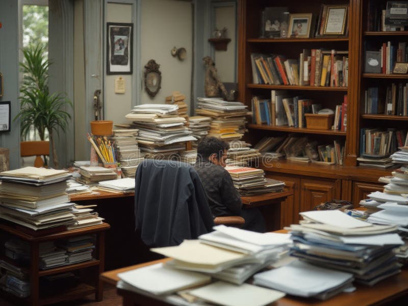 An Individual Immersed in Work Amid Towering Stacks of Paperwork in a ...