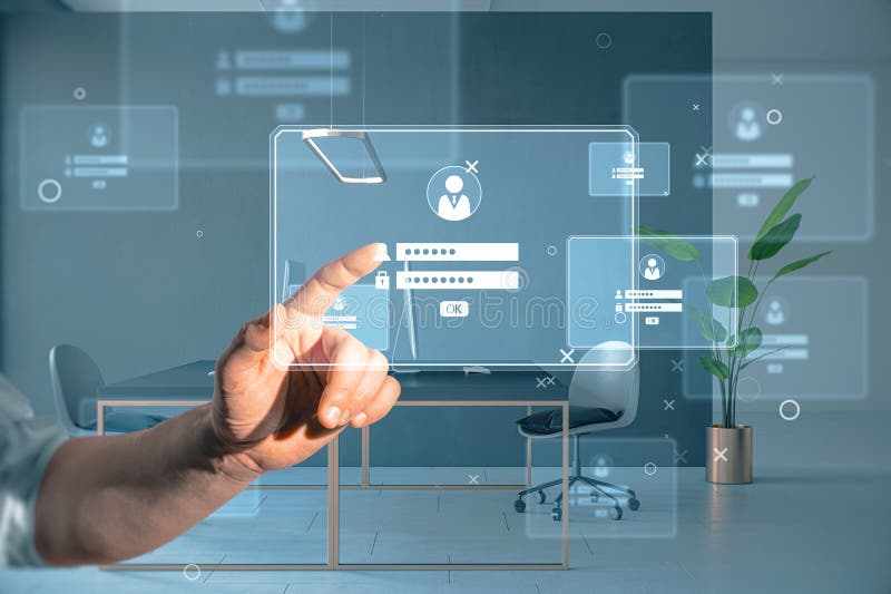 An Individual Interacts with a High-tech Holographic Interface in a ...