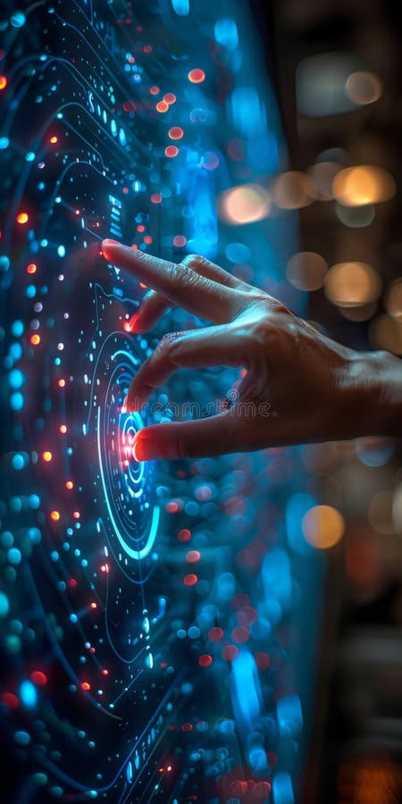 The Individual Interacts with a Sleek Display Using Their Finger Stock ...