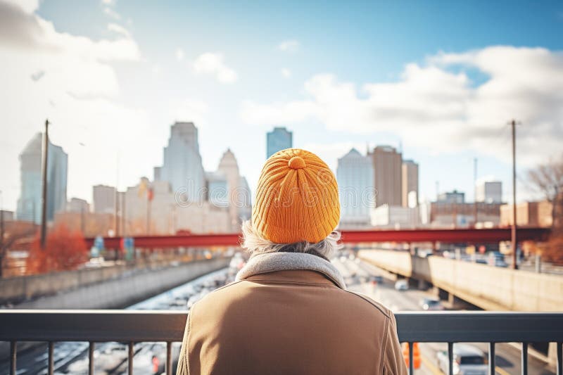 Individual Looking at City Skyline from Bridge Stock Photo - Image of ...