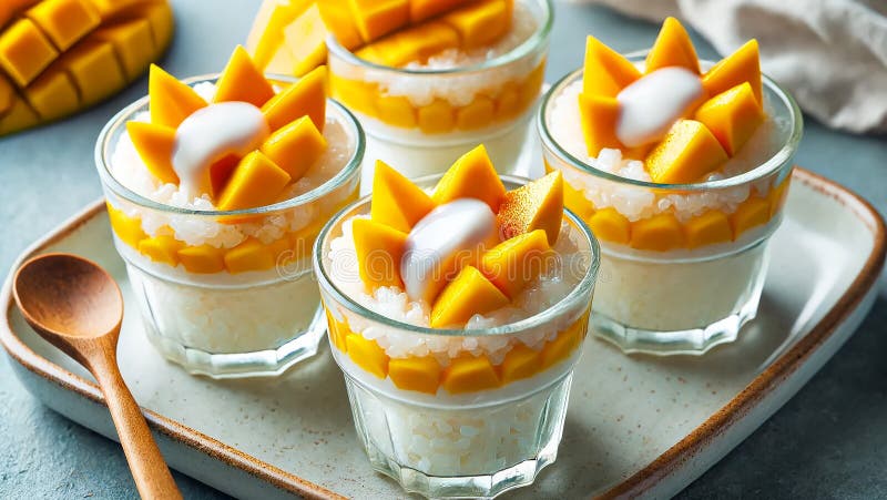 Individual Mango Sticky Rice Servings in Glass Cups Stock Illustration ...