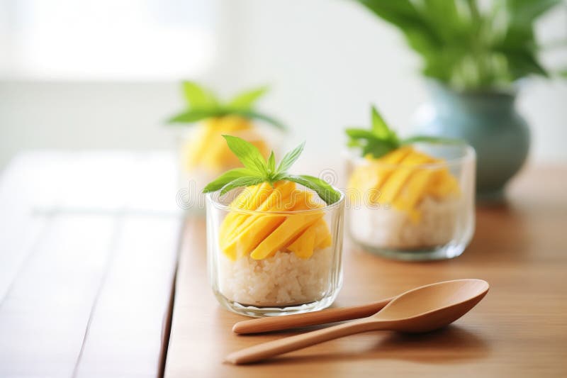 Individual Mango Sticky Rice Servings in Glass Cups Stock Photo - Image ...