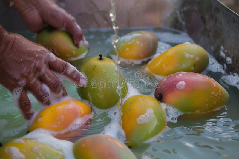Individual Mangoes Being Handwashed by a Person Stock Image - Image of ...