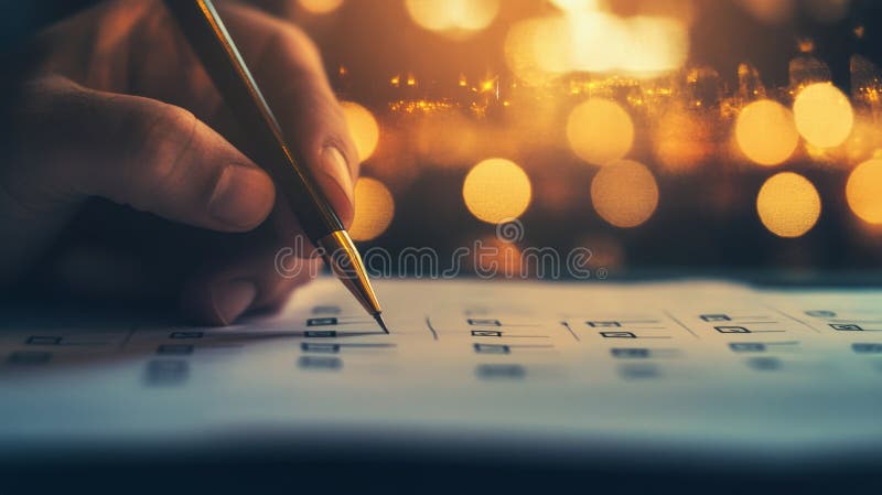 Individual Marking Checkboxes on a Checklist while Illuminated by Warm ...