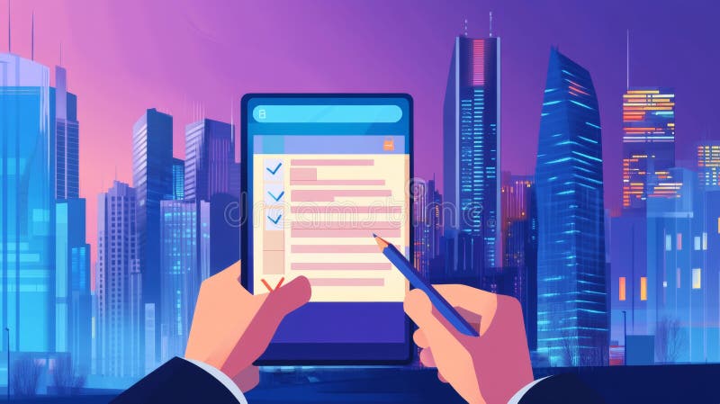 Individual Marks Off Tasks on Digital To Do List with City Skyline in ...