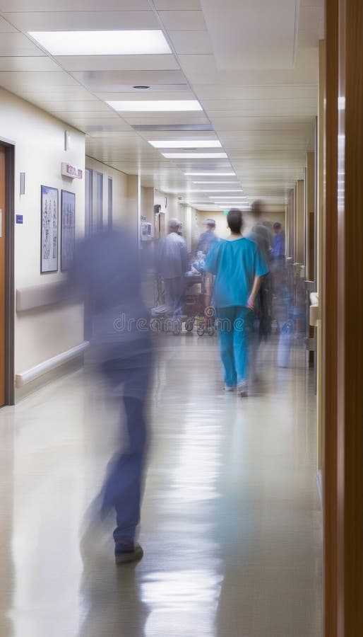 Individual Navigating through a Bustling Hospital Corridor, Surrounded ...