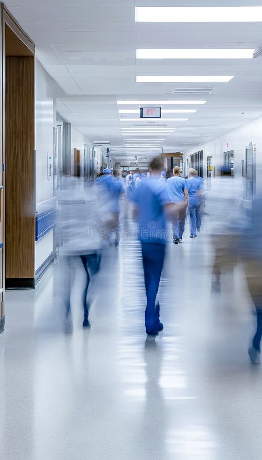 Individual Navigating a Busy Hospital Hallway Filled with People in ...