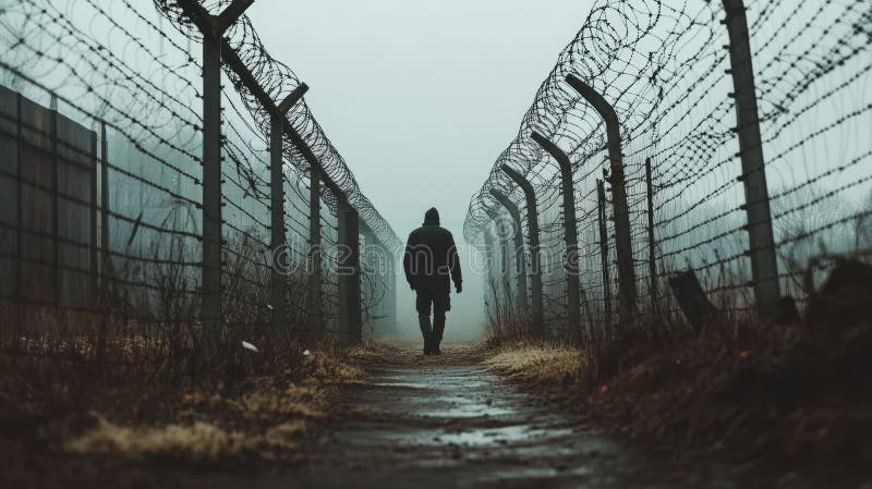 Individual Navigating a Corridor Surrounded by Barbed Wire Fencing in a ...