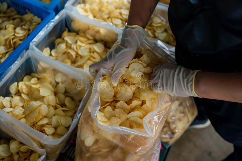 Individual Packing Potato Chips into Bags with Gloves Stock ...