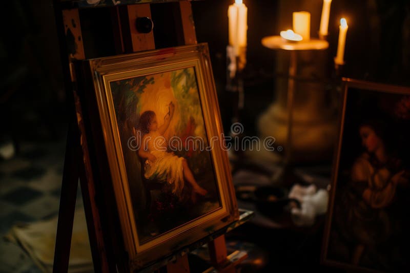 Individual Painting on Easel, Artwork Illuminated by Candlelight Stock ...