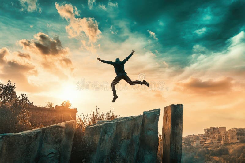 Person Leaps Joyfully during Sunset Near Rocky Terrain in a Vibrant Sky ...