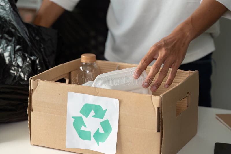 Eco-conscious Living. Individual Sorting Recyclable Materials in a Box ...