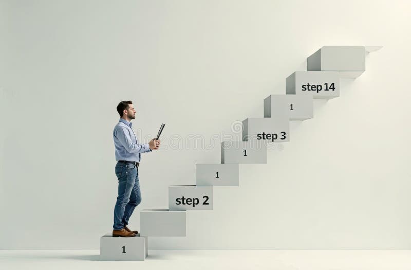 Man Standing on Numbered Steps Symbolizing Progress in a Minimalist ...