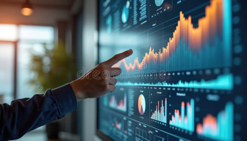 Individual Presents Ideas Using Digital Charts in Modern Office. Graph ...