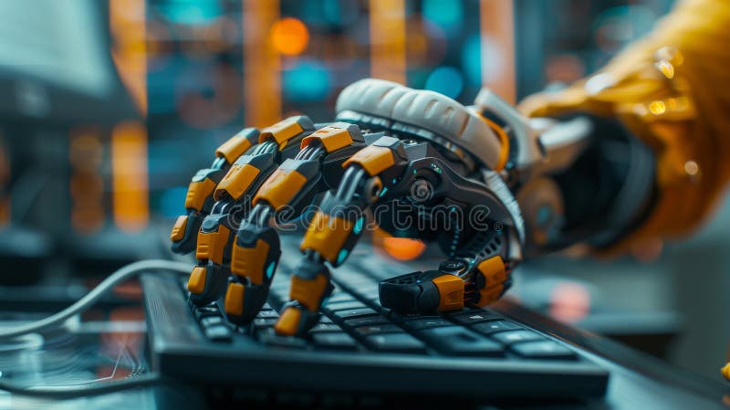 Individual with a Prosthetic Arm Typing on a Keyboard in an Office ...